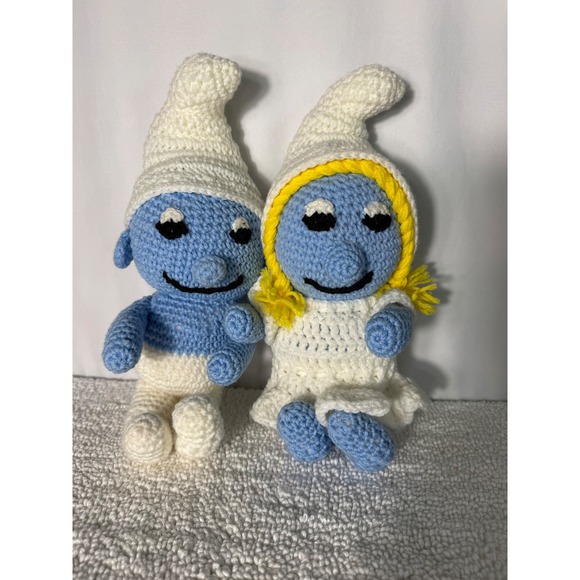 Toys | Vintage Crochet Smurf And Smurfette Handmade Blue White Smurf 15 ...
